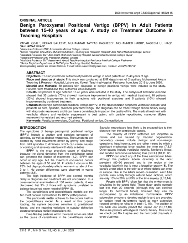 (PDF) Benign Paroxysmal Positional Vertigo (BPPV) in Adult Patients ...