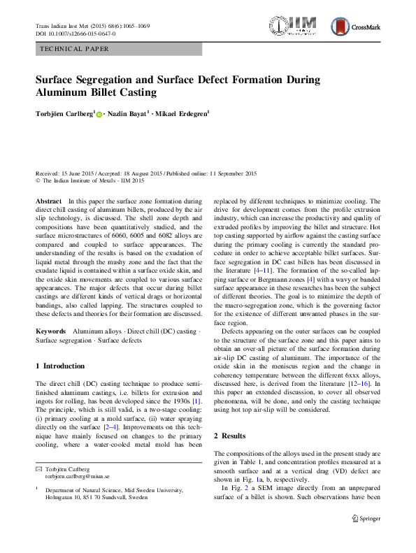 (PDF) Surface Segregation and Surface Defect Formation During Aluminum ...