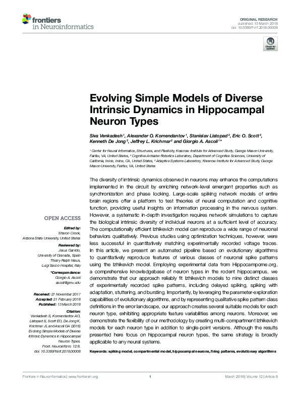 (PDF) Evolving Simple Models of Diverse Intrinsic Dynamics in Hippocampal Neuron Types | Eric ...