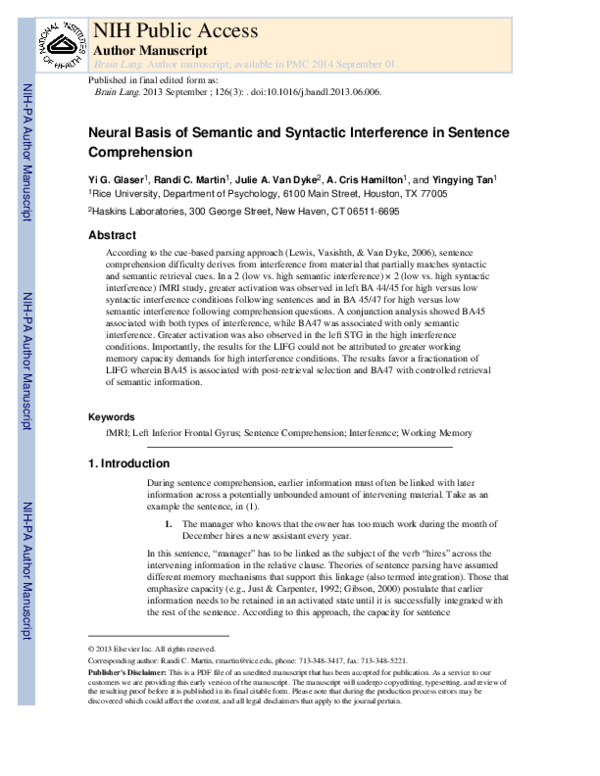 Pdf Neural Basis Of Semantic And Syntactic Interference In Sentence Comprehension