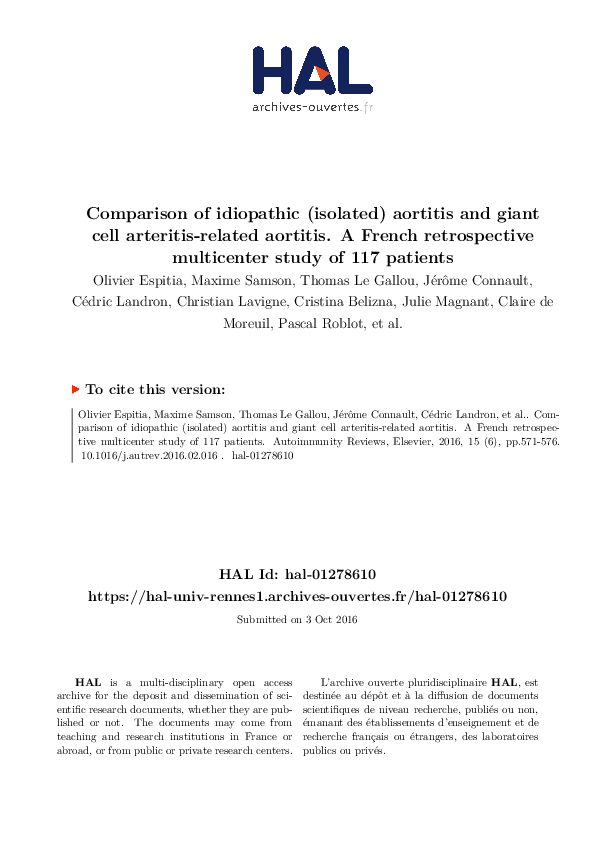 (PDF) Comparison of idiopathic (isolated) aortitis and giant cell ...