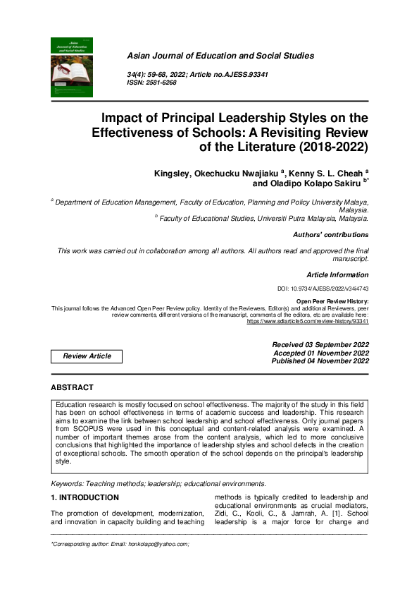 (PDF) Impact of Principal Leadership Styles on the Effectiveness of Schools: A Revisiting Review ...