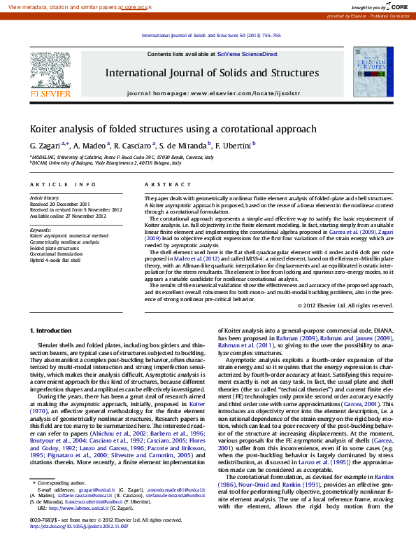 (PDF) Koiter analysis of folded structures using a corotational approach