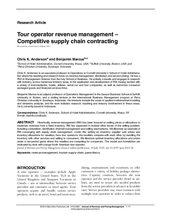 (PDF) Tour operator revenue management – Competitive supply chain ...