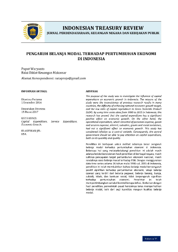 (PDF) Pengaruh Belanja Modal Terhadap Pertumbuhan Ekonomi di Indonesia