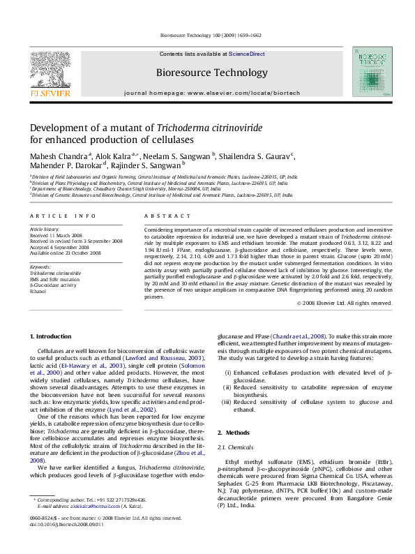 (PDF) Development of a mutant of Trichoderma citrinoviride for enhanced production of cellulases