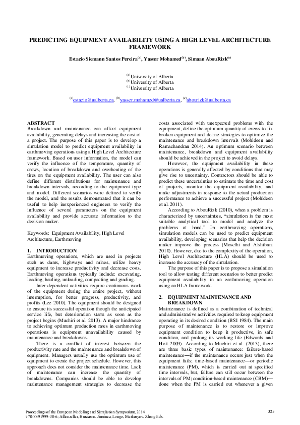 (PDF) Predicting Equipment Availability Using a High Level Architecture Framework