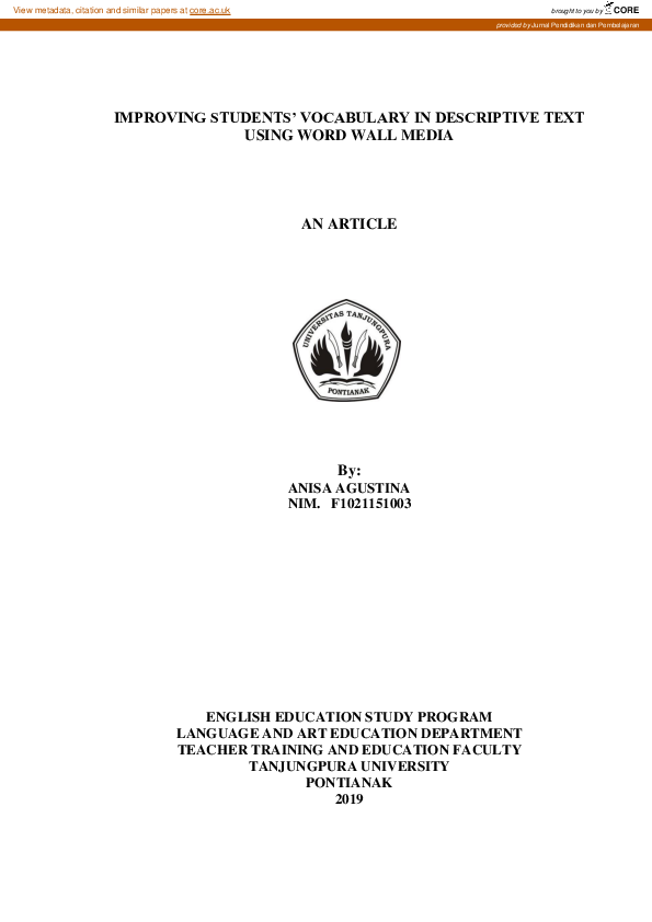 (PDF) Improving Students’ Vocabulary in Descriptive Text Using Word Wall Media