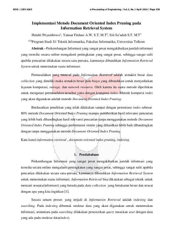 (PDF) Implementasi Metode Document Oriented Index Pruning Pada Information Retrieval System