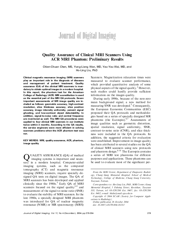 (PDF) Quality Assurance of Clinical MRI Scanners Using ACR MRI Phantom ...
