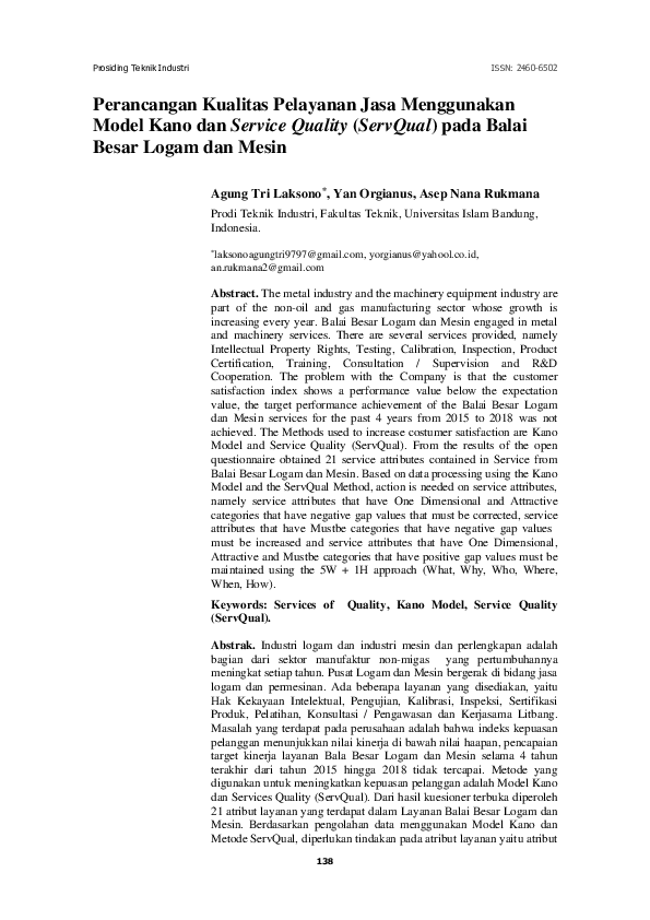 (PDF) Perancangan Kualitas Pelayanan Jasa Menggunakan Model Kano dan Service Quality (ServQual ...