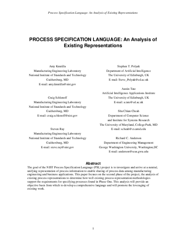 Pdf Process Specification Language An Analysis Of Existing Representations