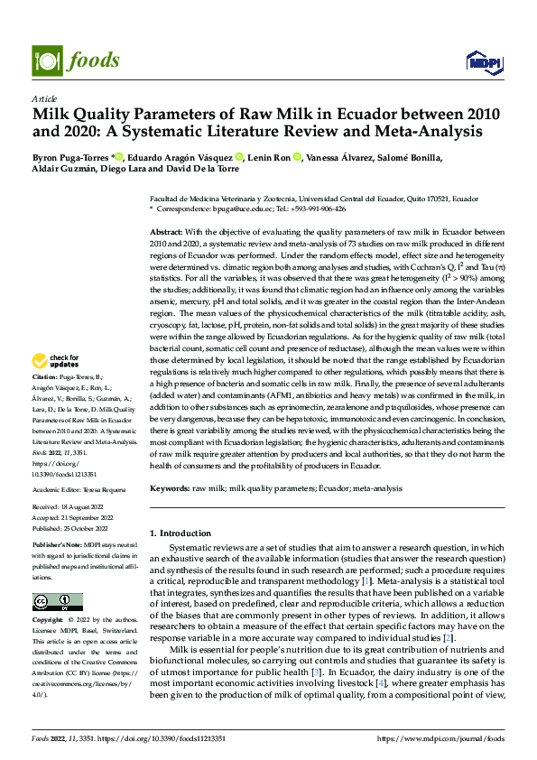 (PDF) Milk Quality Parameters of Raw Milk in Ecuador between 2010 and ...