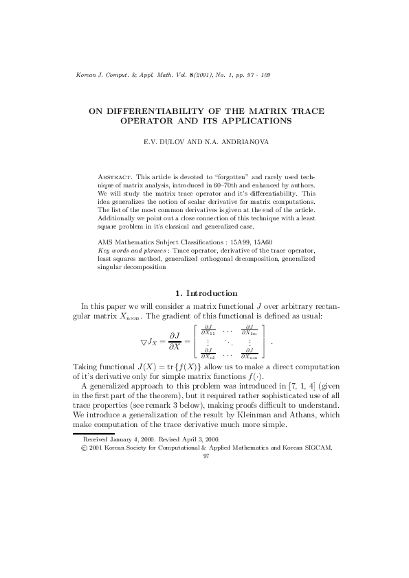 (PDF) On differentiability of the matrix trace operator and its applications | Natalia ...