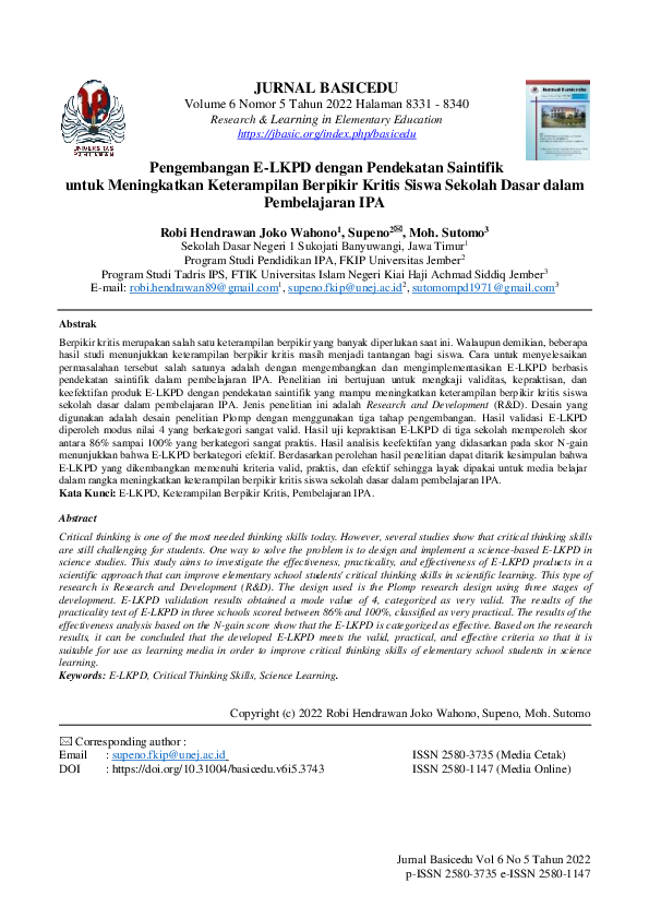 (PDF) Pengembangan E-LKPD dengan Pendekatan Saintifik untuk Meningkatkan Keterampilan Berpikir ...