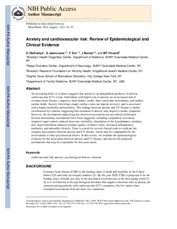 (PDF) Anxiety and cardiovascular risk: Review of Epidemiological and ...