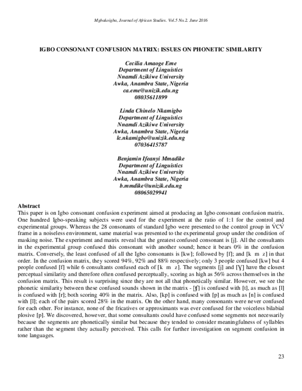 (PDF) Igbo consonant confusion matrix: Issues on phonetic similarity