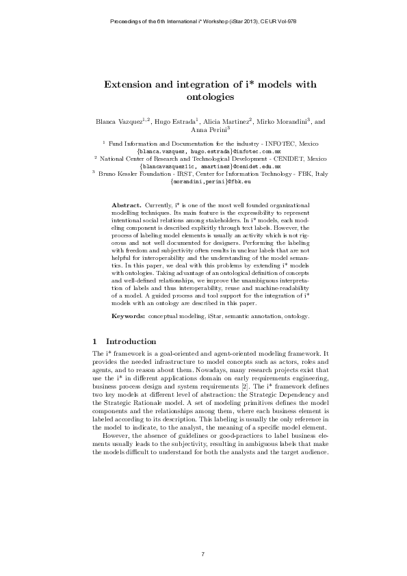 (PDF) Extension and Integration of i* Models with Ontologies