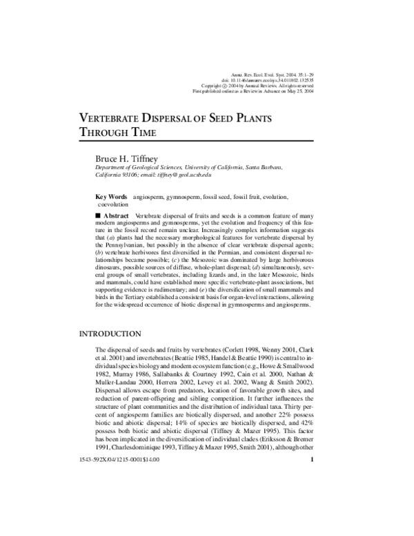 (PDF) Vertebrate Dispersal of Seed Plants Through Time | Bruce Tiffney ...