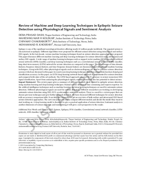 Pdf Machine Learning For Epileptic Seizure Detection