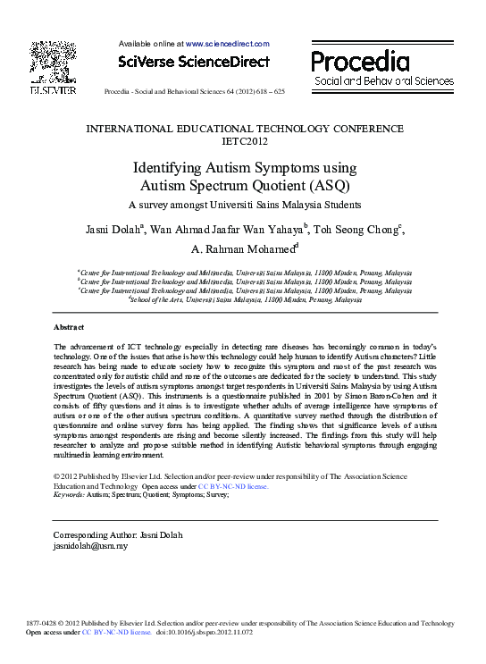(PDF) Identifying Autism Symptoms using Autism Spectrum Quotient (ASQ) | A/Rahman mohamed ...
