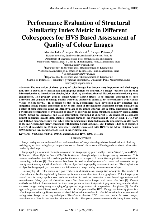 (PDF) Performance Evaluation of Structural Similarity Index Metric in Different Colorspaces for ...