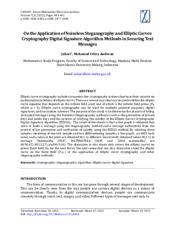 (PDF) On the Application of Noiseless Steganography and Elliptic Curves ...