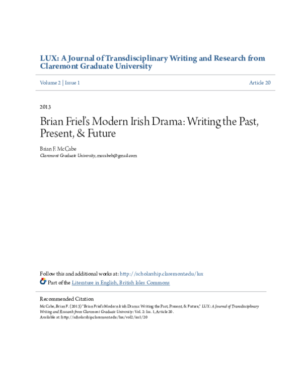 (PDF) Brian Friel’s Modern Irish Drama: Writing the Past, Present, & Future