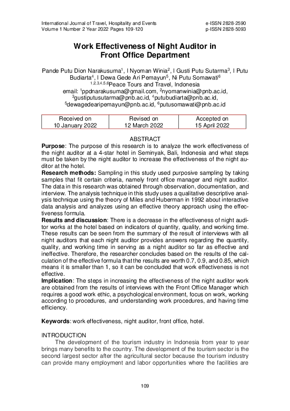 (PDF) Work Effectiveness of Night Auditor in Front Office Department
