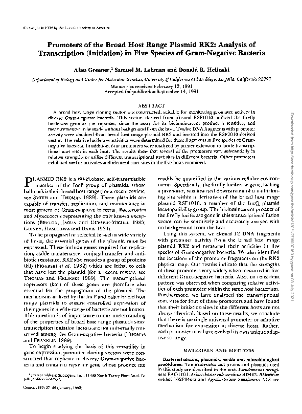 (PDF) Promoters of the broad host range plasmid RK2: analysis of transcription (initiation) in ...