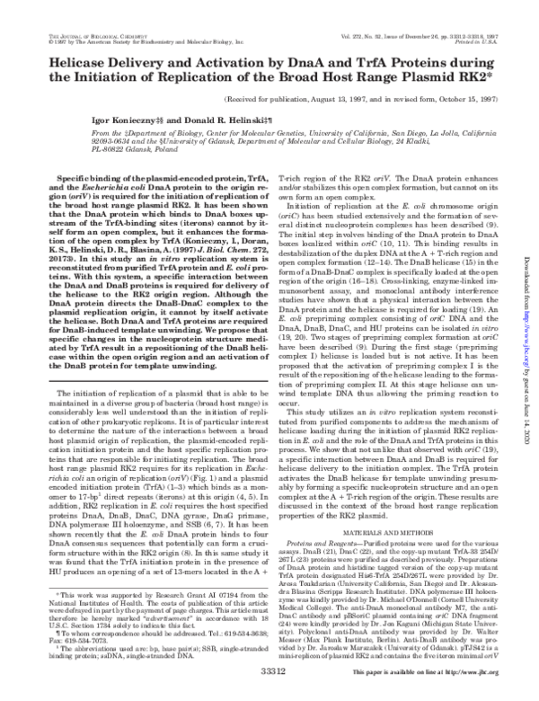 (PDF) Helicase Delivery and Activation by DnaA and TrfA Proteins during ...