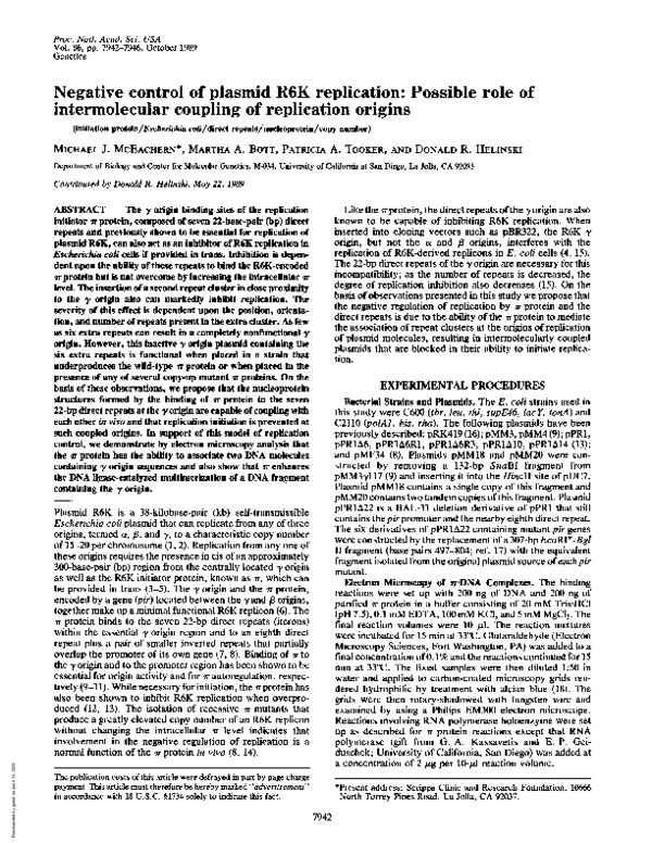 (PDF) Negative control of plasmid R6K replication: possible role of ...