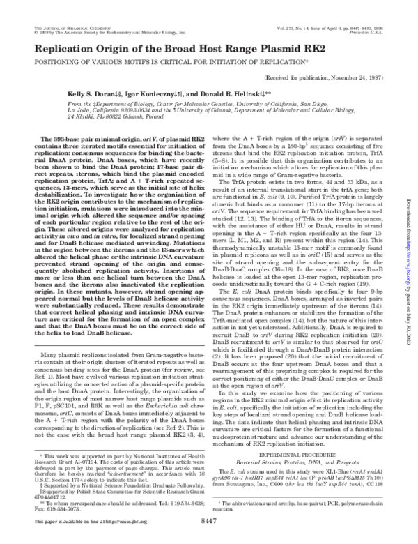 (PDF) Replication Origin of the Broad Host Range Plasmid RK2. POSITIONING OF VARIOUS MOTIFS IS ...