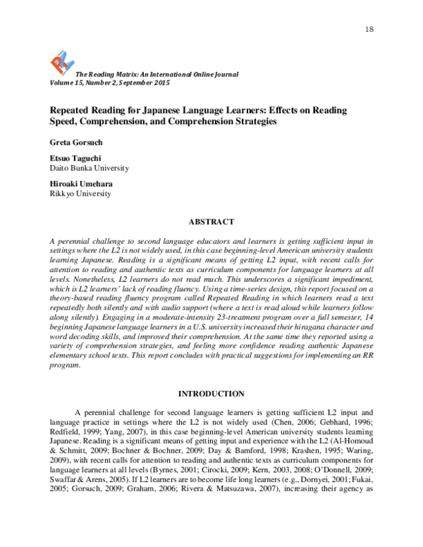 (PDF) Repeated Reading for Japanese Language Learners: Effects on Reading Speed, Comprehension ...