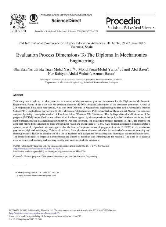 (PDF) Evaluation Process Dimensions to the Diploma in Mechatronics ...