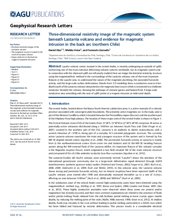 (PDF) Three-dimensional resistivity image of the magmatic system beneath Lastarria volcano and ...
