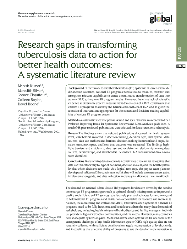 (PDF) Research gaps in transforming tuberculosis data to action for ...