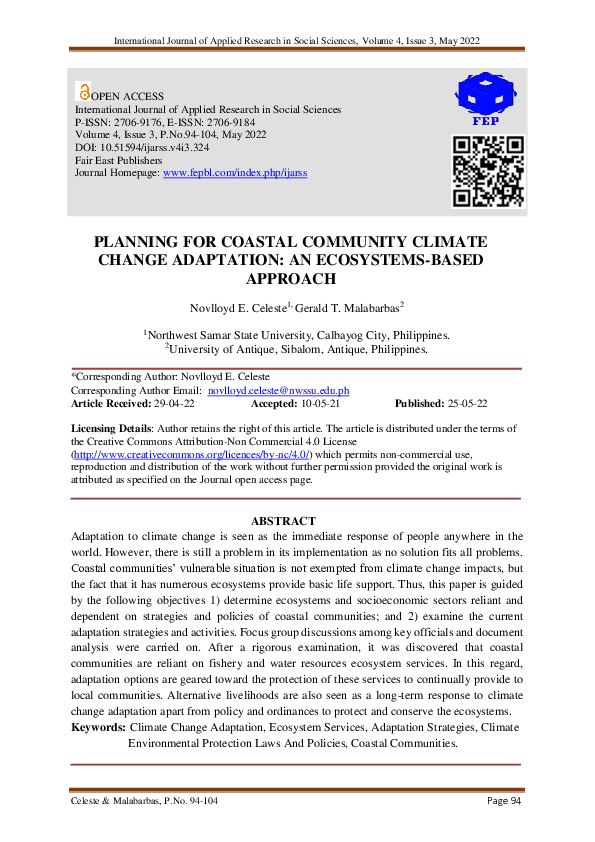 (PDF) Planning for Coastal Community Climate Change Adaptation: An Ecosystems-Based Approach