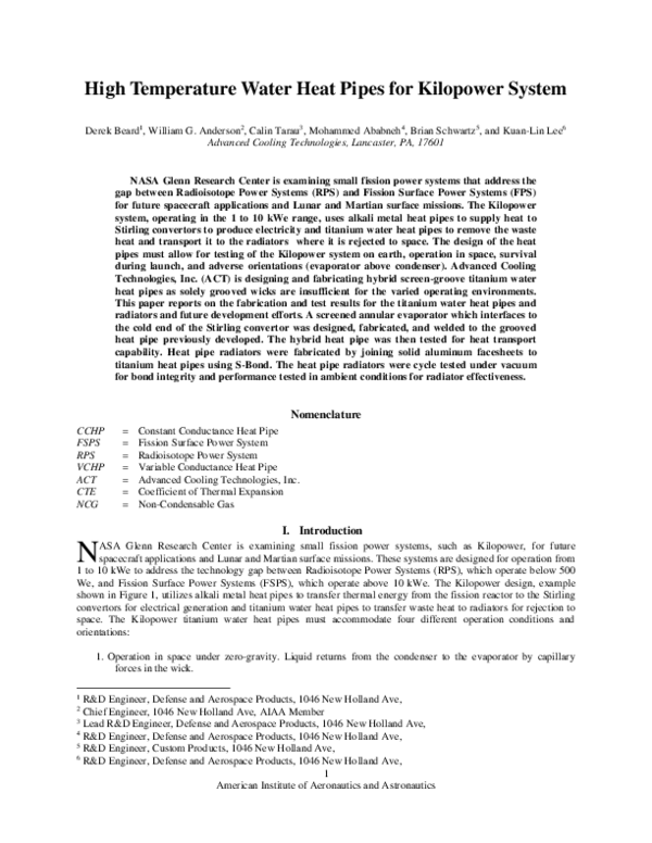 (PDF) High Temperature Water Heat Pipes for Kilopower System | Mohammed ...