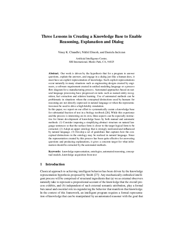 (PDF) Three Lessons in Creating a Knowledge Base to Enable Reasoning ...