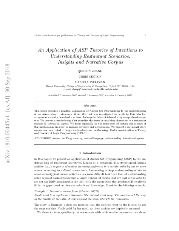 (PDF) An Application of ASP Theories of Intentions to Understanding ...