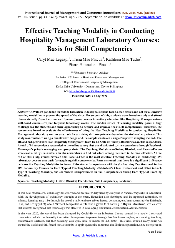 (PDF) Effective Teaching Modality in Conducting Hospitality Management ...