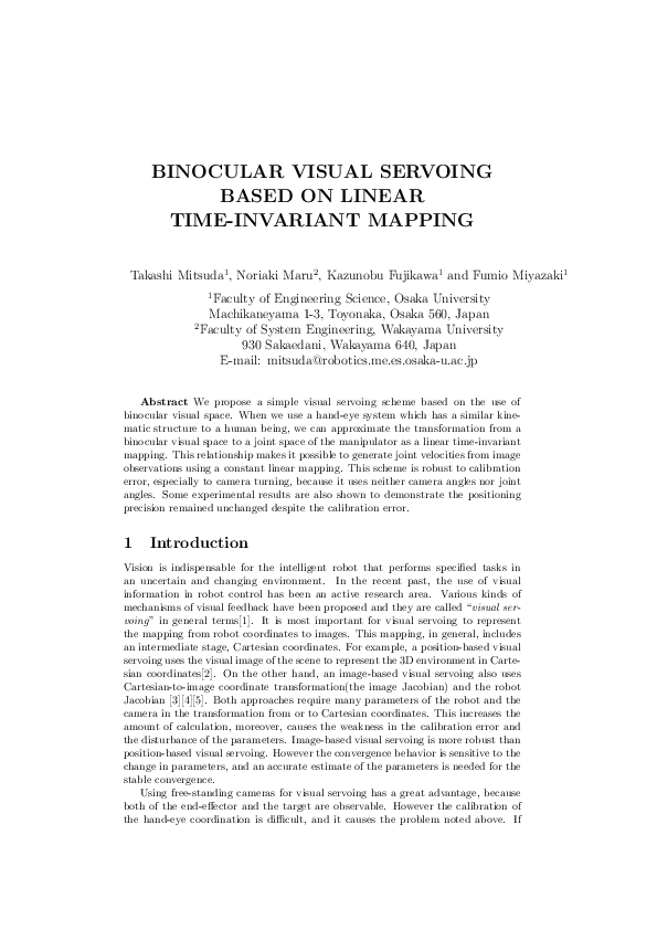 (PDF) Binocular visual servoing based on linear time-invariant mapping