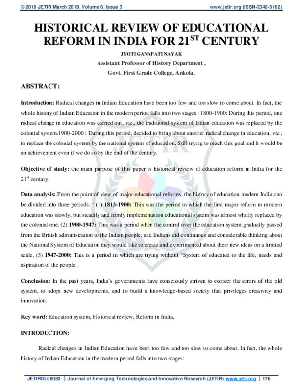 (PDF) Historical Review of Educational Reform in India for 21ST Century