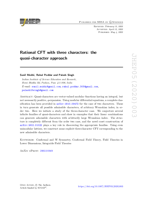 (PDF) Rational CFT with three characters: the quasi-character approach