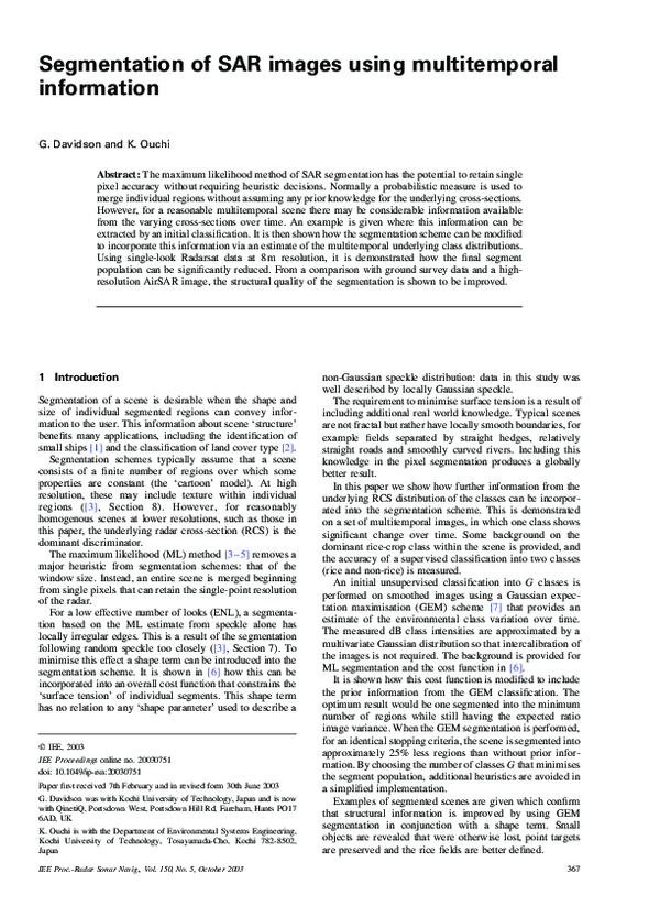 Pdf Segmentation Of Sar Images Using Multitemporal Information Kazuo Ouchi