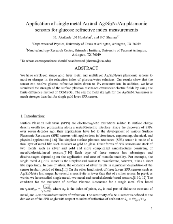 (PDF) Application of single metal Au and Ag/Si3N4/Au plasmonic sensors for glucose refractive ...