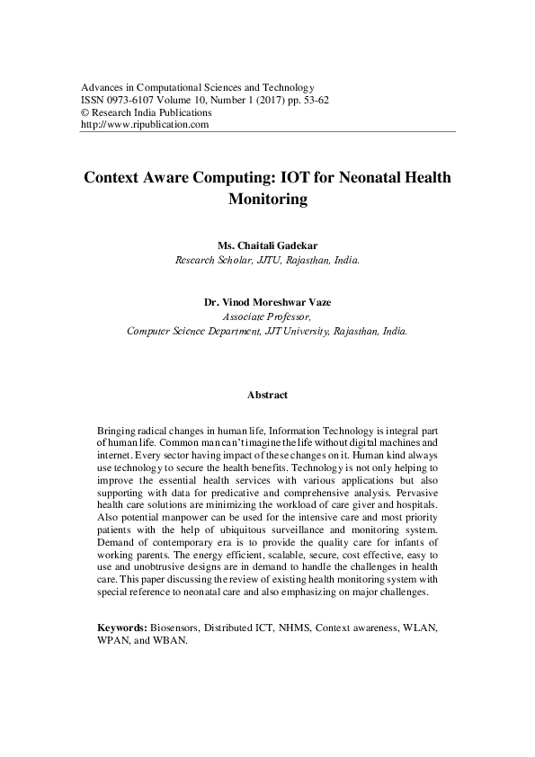 (PDF) Context Aware Computing: IOT for Neonatal Health Monitoring