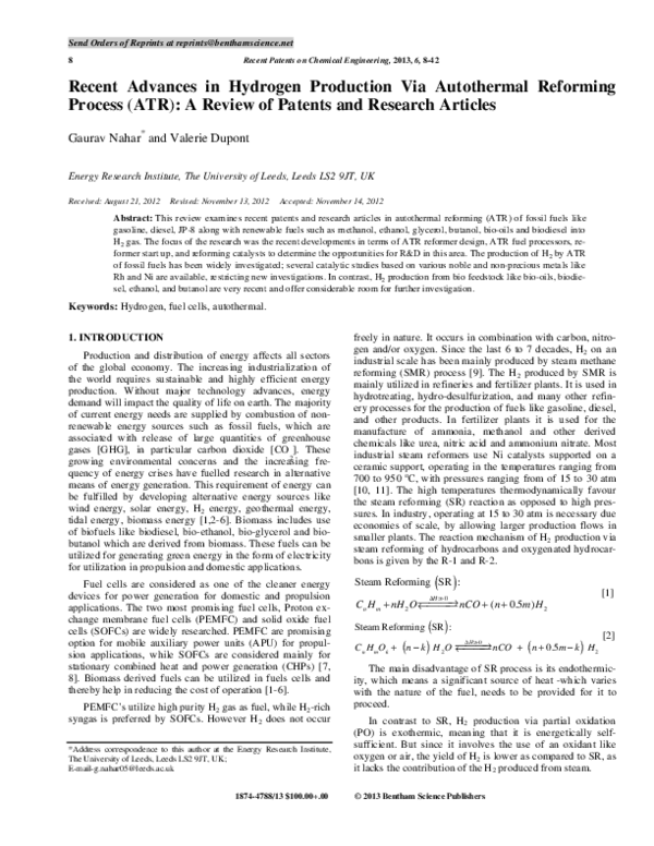 (PDF) Recent Advances in Hydrogen Production Via Autothermal Reforming ...