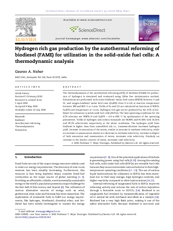 Pdf Hydrogen Rich Gas Production By The Autothermal Reforming Of Biodiesel Fame For